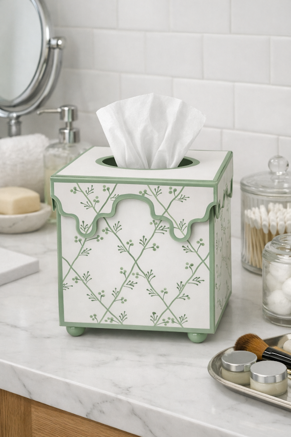 Soft Green Trellis Scalloped Floral Tissue Holder