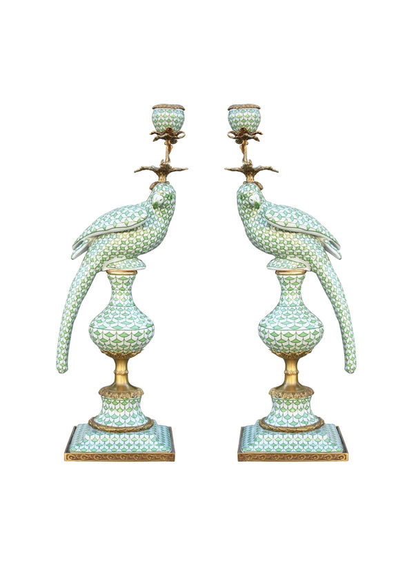 Pair of Green Fish Scale & Bronze Bird Candlesticks