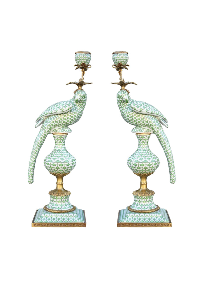 Pair of Green Fish Scale & Bronze Bird Candlesticks