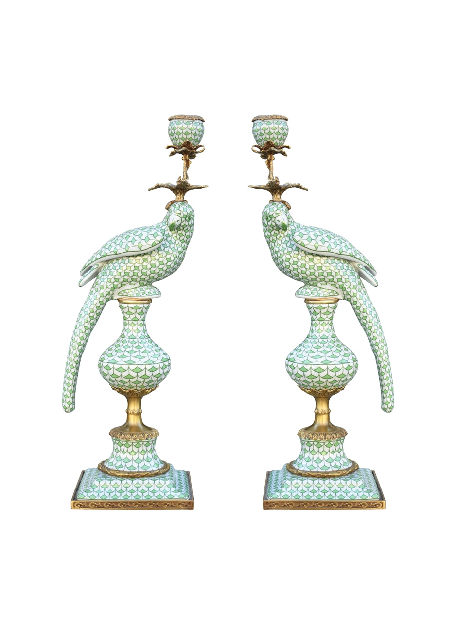 Pair of Green Fish Scale & Bronze Bird Candlesticks