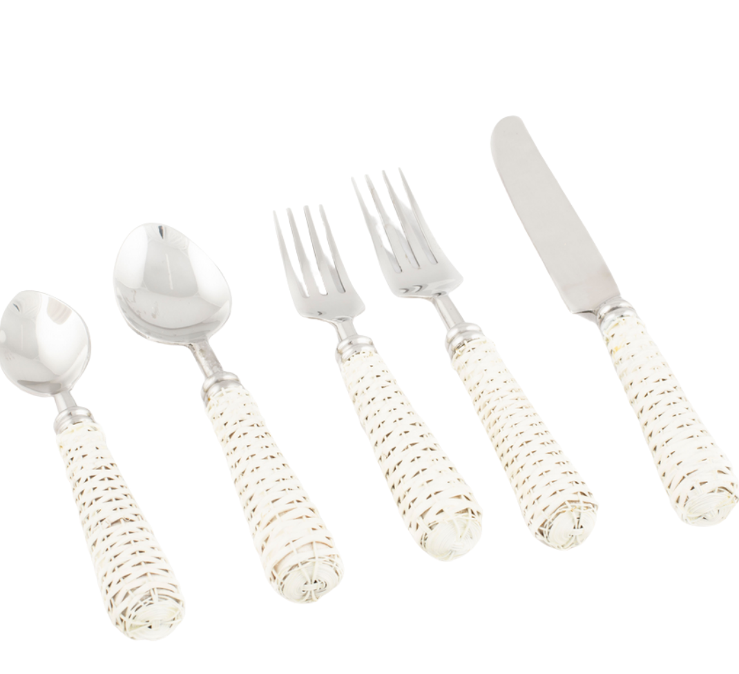 WHITE BASKETWEAVE FIVE PIECE FLATWARE SET